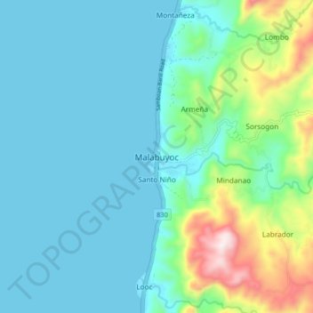 Carte topographique Malabuyoc, altitude, relief