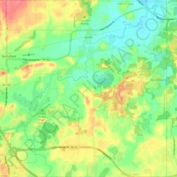 Carte topographique Town of Lyons, altitude, relief
